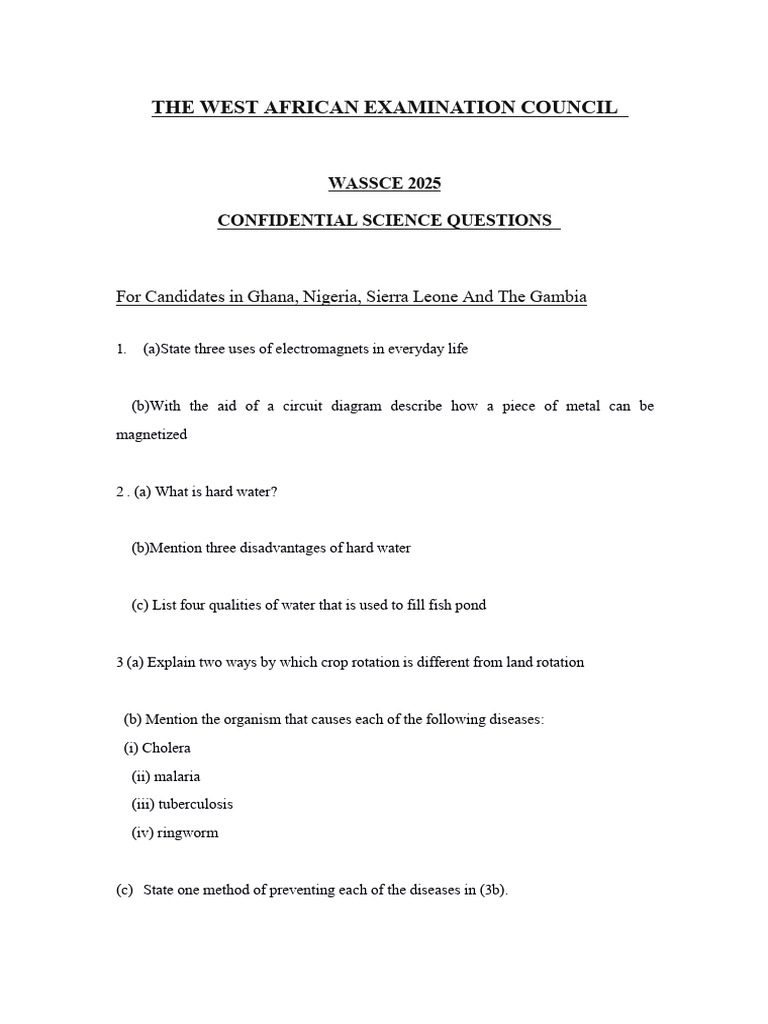 Wassce 2025 Confidential Science Questions 1 | PDF