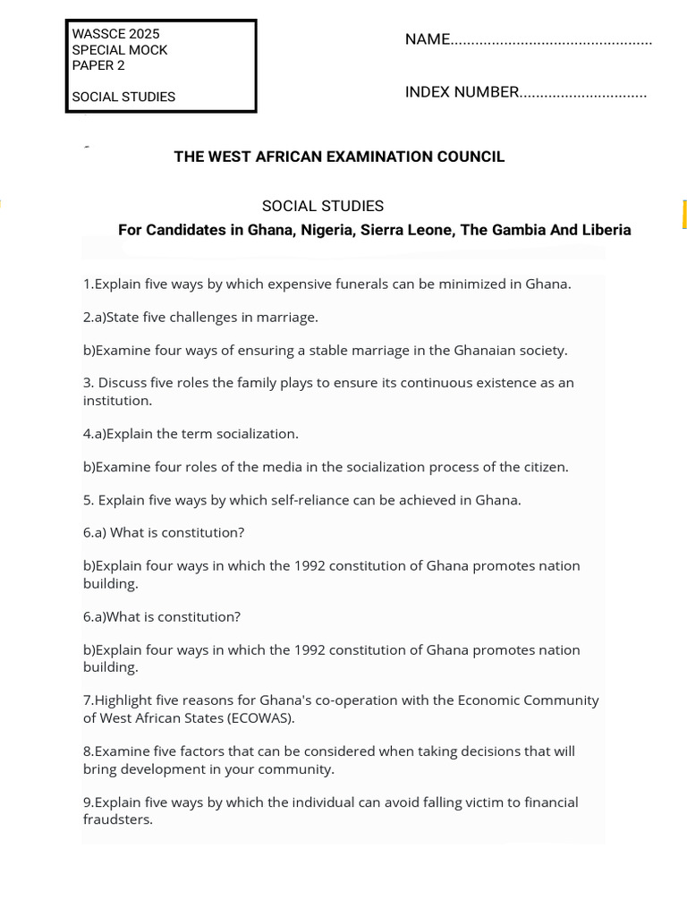 Wassce 2025 Social Studies Mock For All Candidates | PDF | Ghana | West ...