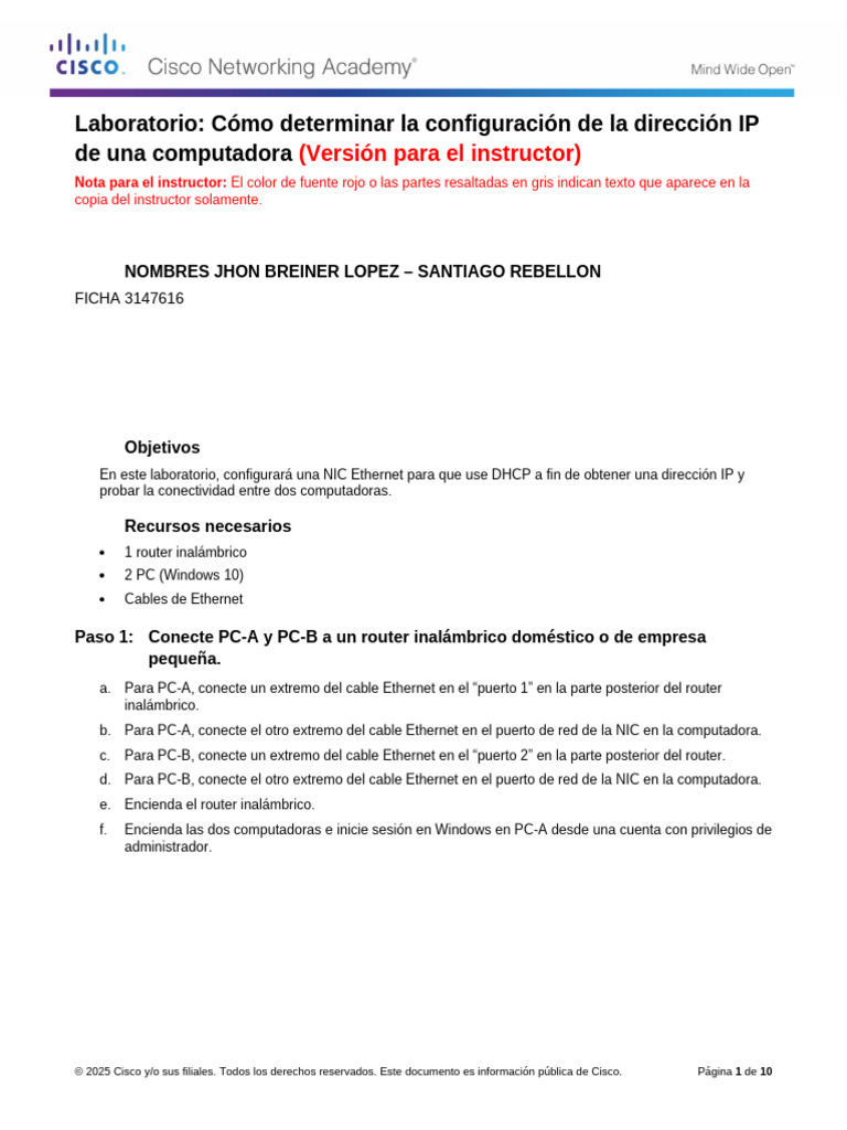 2.1.2.5 Lab - Determining The IP Address Configuration of A Computer JHON LOPEZ - SANTIAGO ...