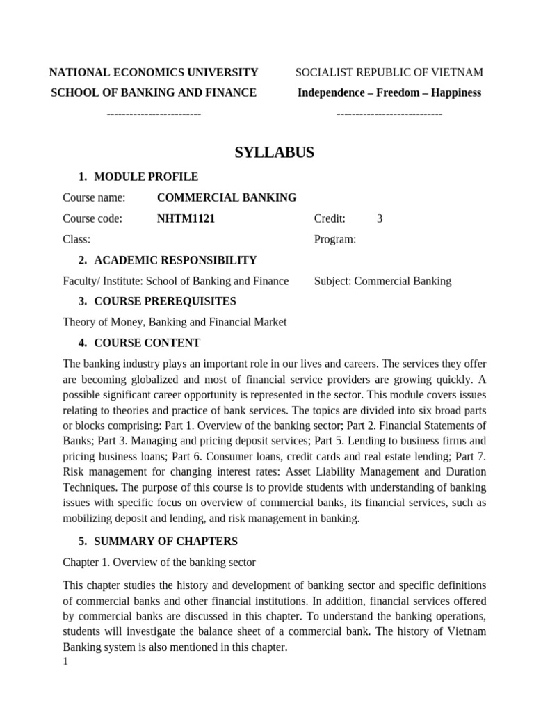 Commercial Banking Course Syllabus | PDF | Loans | Banks