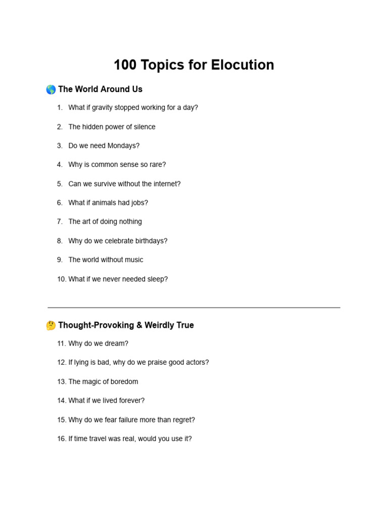 100 Topics For Elocution | PDF