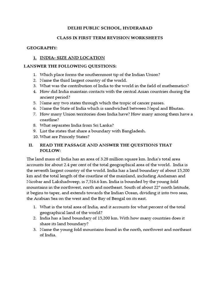 Class - Ix - Social Science - First Term - Revision Worksheets | PDF ...