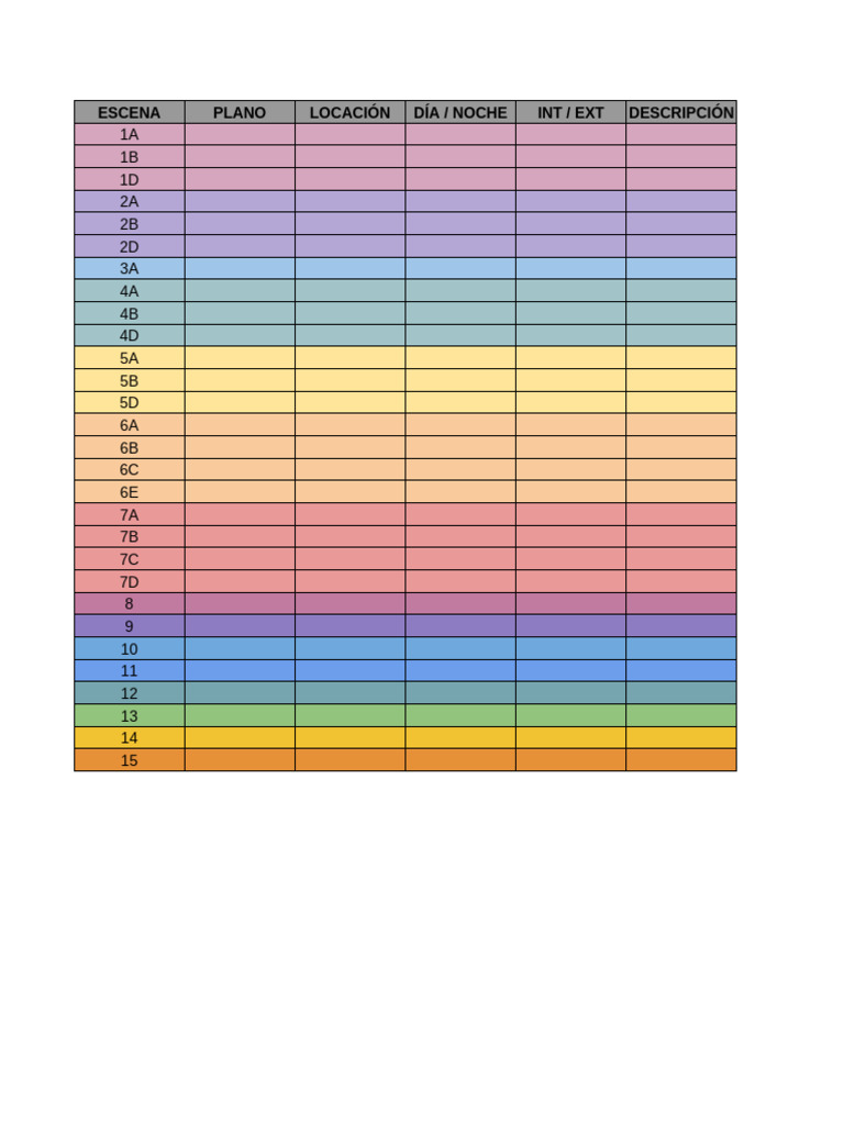 Break Down Tipo Tabla Con Plan de Rodaje | PDF