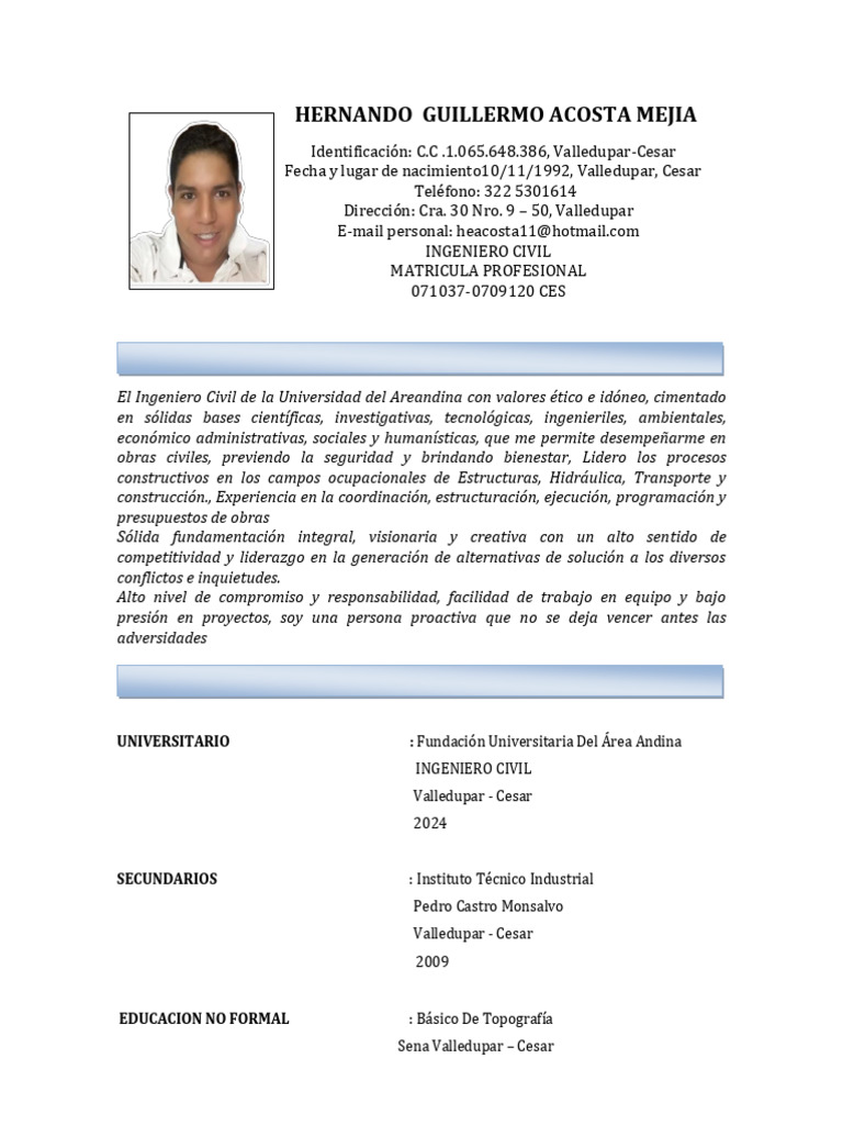 CV Hernando Acosta Mejia Actual | PDF | Ingeniero | Ingeniería