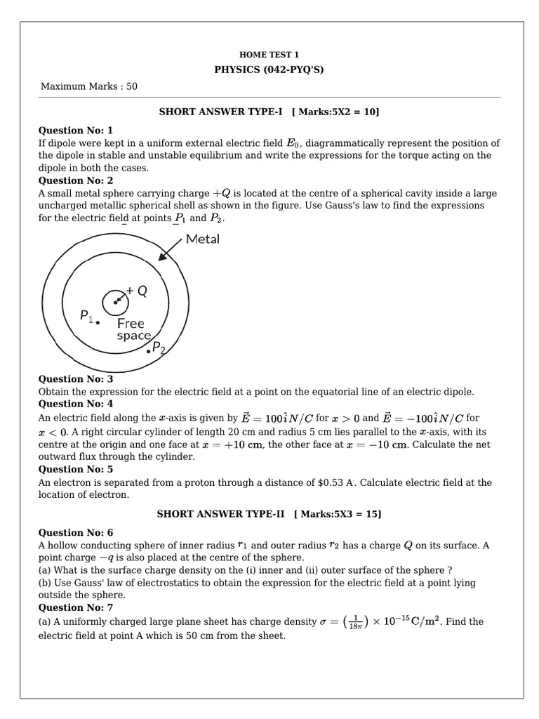 Physics (042-Pyq's) (10 - 04 - 2025) | PDF | Electric Field | Quantity