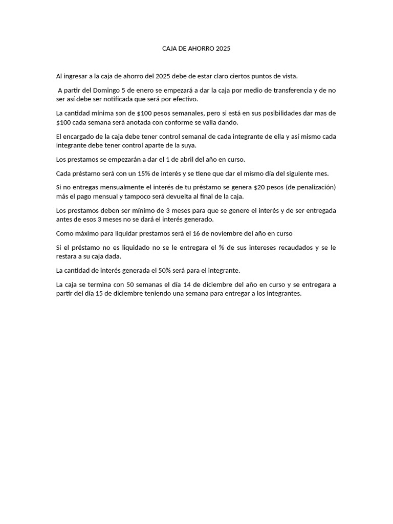Caja de Ahorro 2025: Reglas y Fechas | PDF