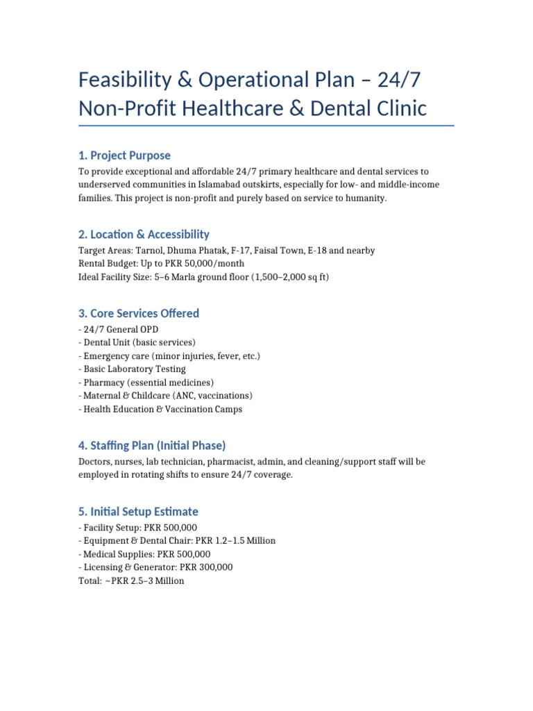 Clinic Feasibility and Operational Plan Islamabad | PDF