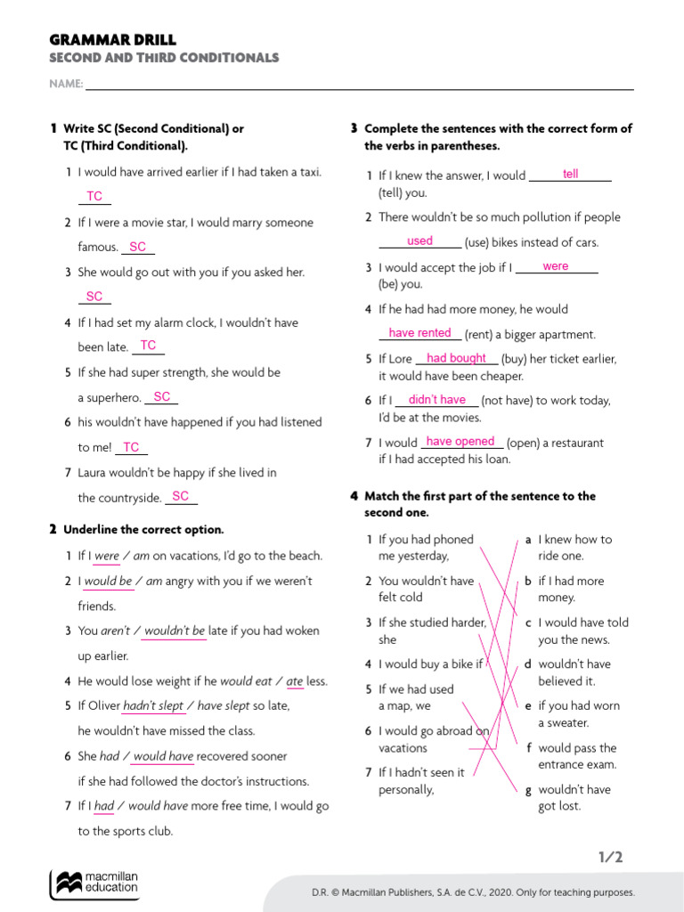 Grammar Drill 33 Second and Third Conditionals Answer Key | PDF