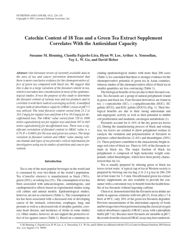 Catechin Content of 18 Teas and A Green Tea Extract Supplement ...