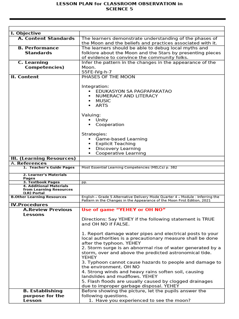 Co Lesson Plan Science 5 Quarter 4 Phases of The Moon N | PDF ...
