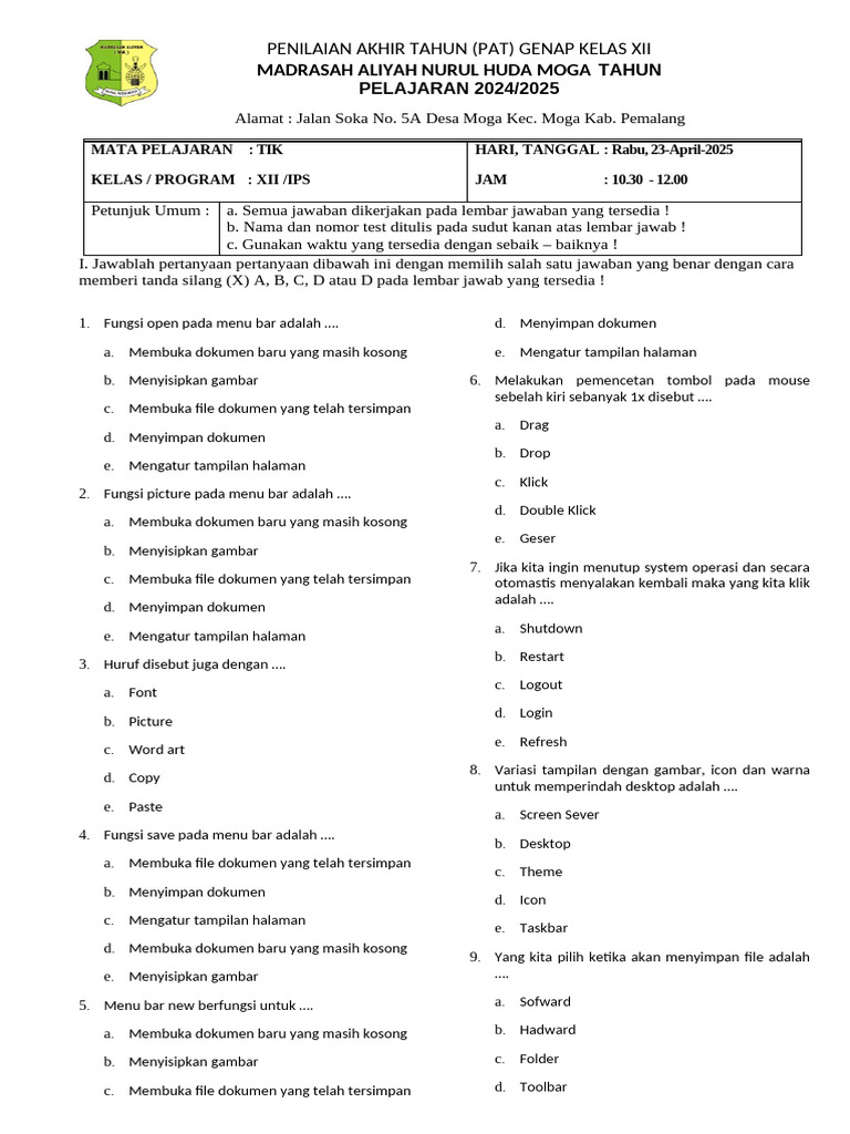 SOAL PAT TIK Kelas 12 | PDF