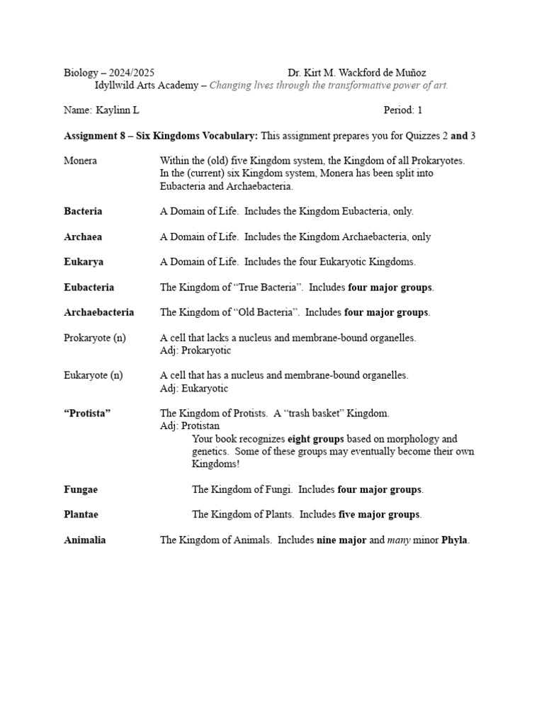 (Kaylinn) Assignment 8 - Six Kingdoms Vocabulary | PDF | Cell (Biology ...
