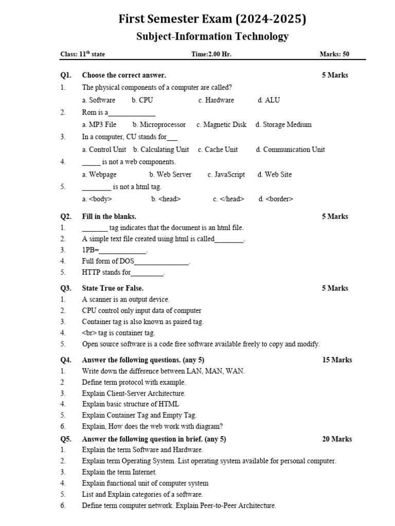 11th Grade IT First Semester Exam 2024 | PDF