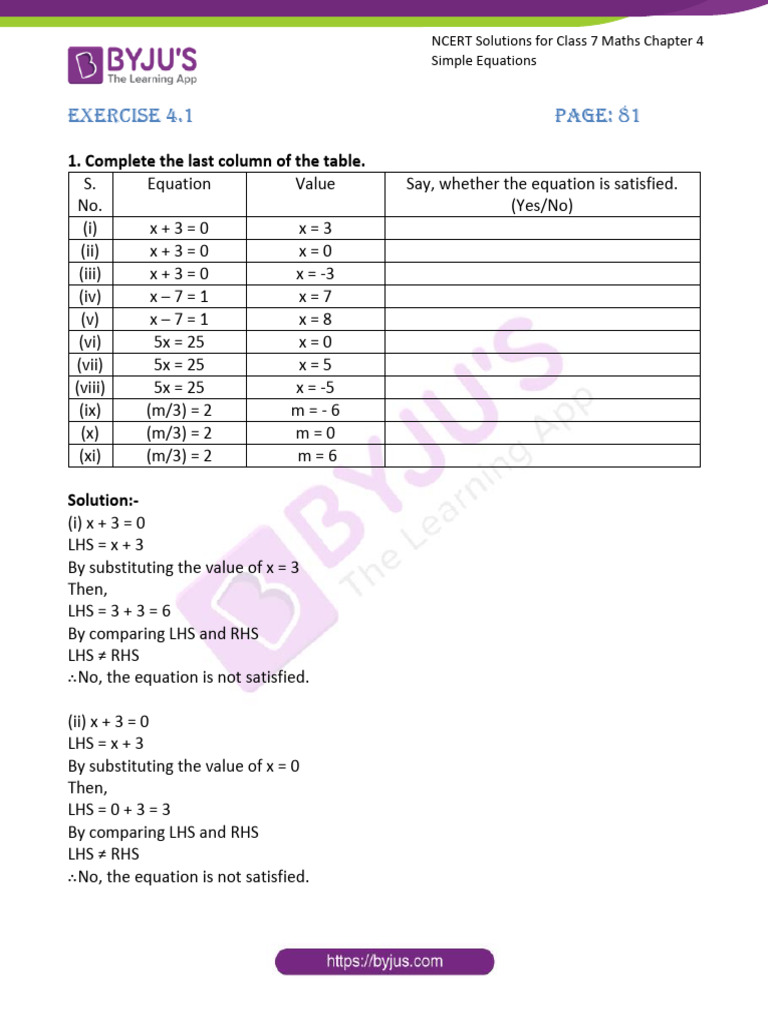 NCERT Solutions For Calss 7 Maths Chapter 4 Simple Equations Exercise 4.1 | PDF | Triangle ...
