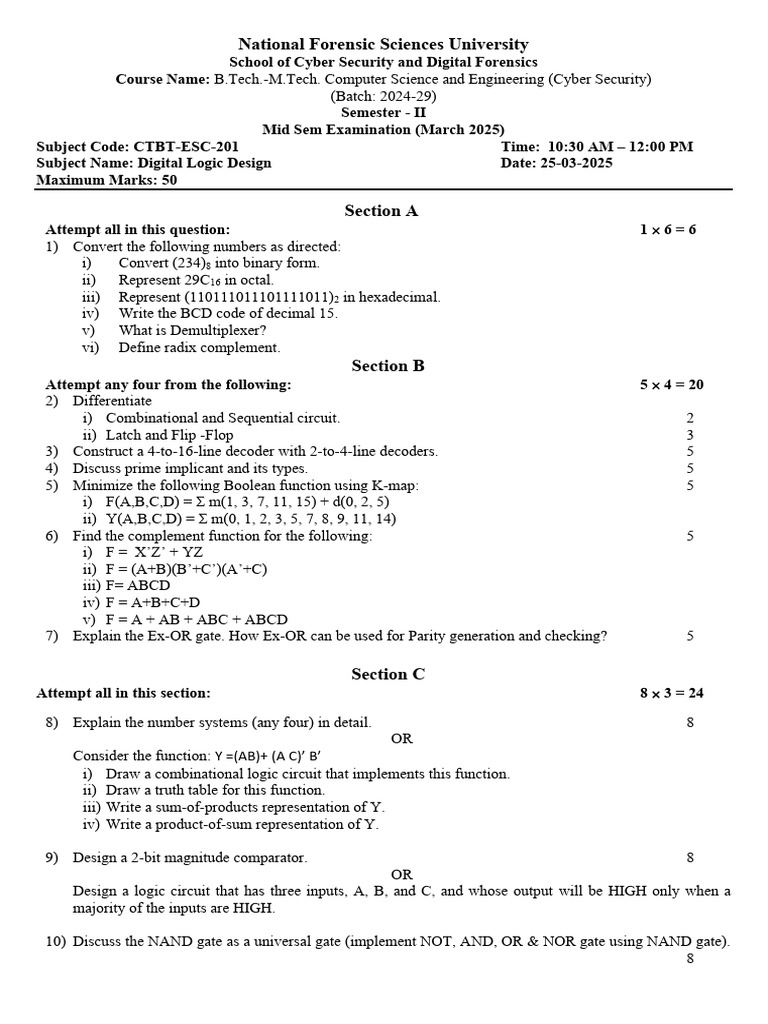 DLD - Question Paper - Mid-Sem - March 2025 | PDF | Logic Gate | Mathematical Logic