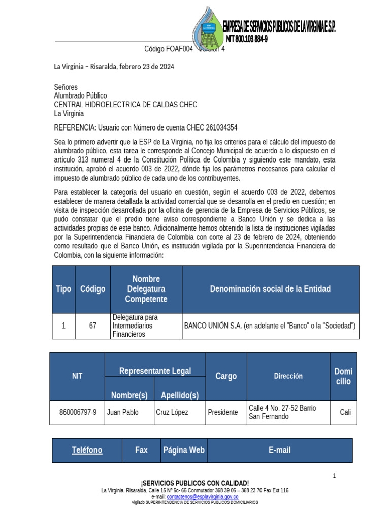 Carta Respuesta a CHEC sobre BancoUnión | PDF | Bancos | Economias