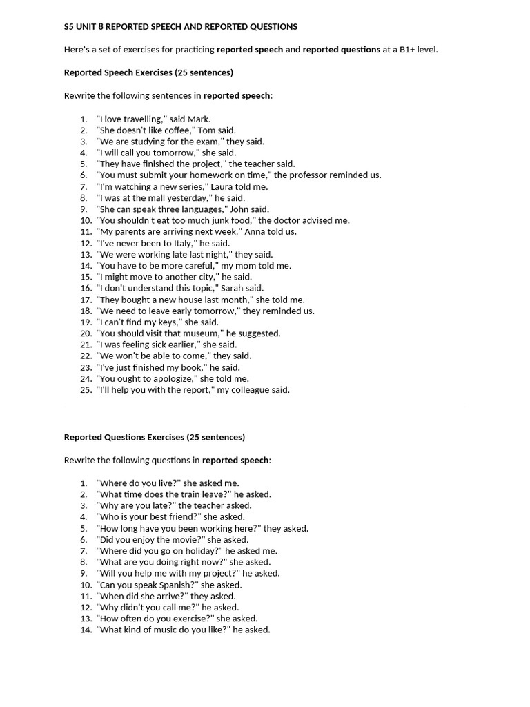 S5 Unit 8 Reported Speech and Reported Questions | PDF
