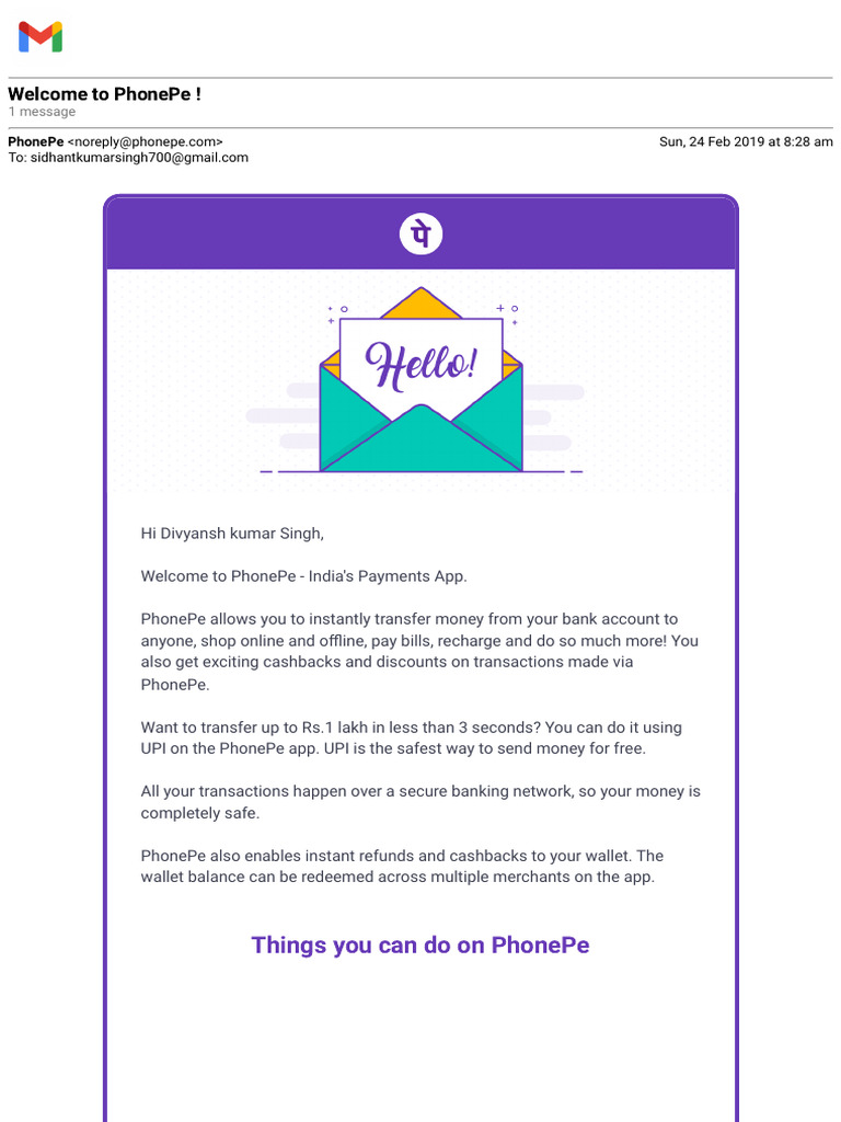 Gmail - Welcome To PhonePe ! | PDF