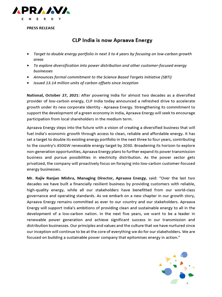Press Release - CLP India Is Now Apraava Energy | PDF | Low Carbon ...