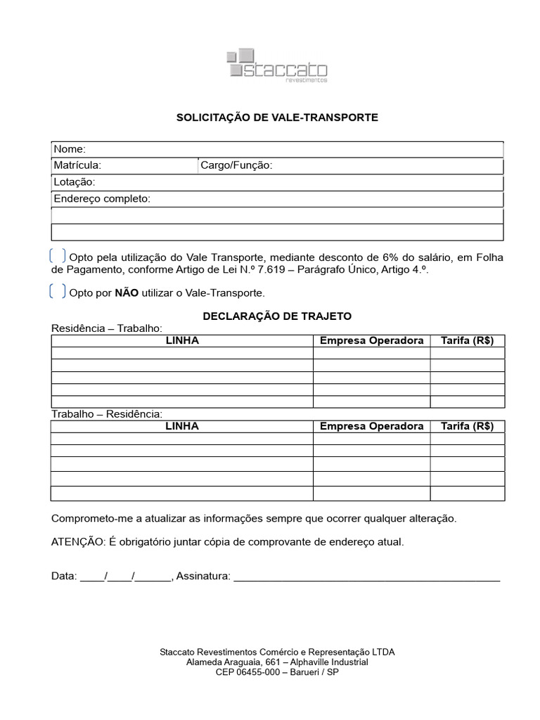 Solicitação de Vale-Transporte | PDF