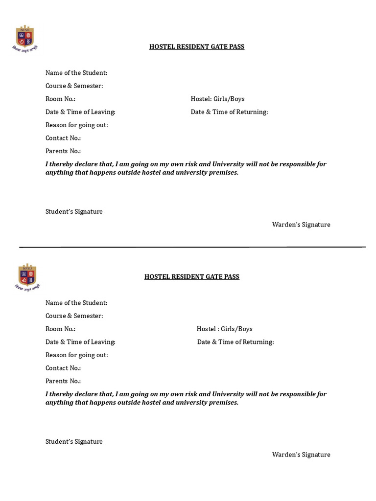 Hostel Out Pass Application Format | PDF