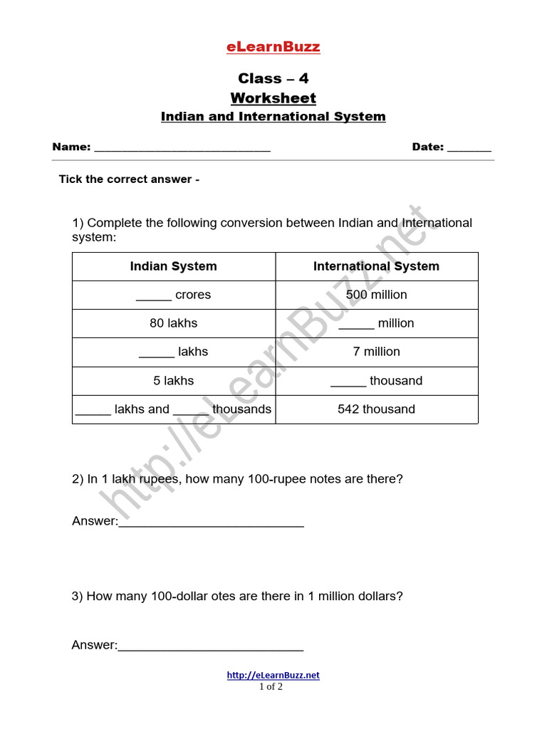 ELearnBuzz Worksheet Class4 Math International System | PDF