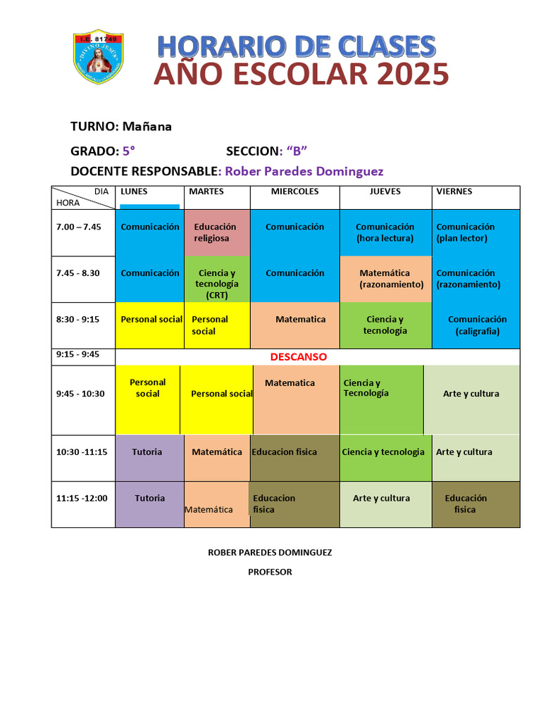 Horario Escolar 5° B - 2025 | PDF