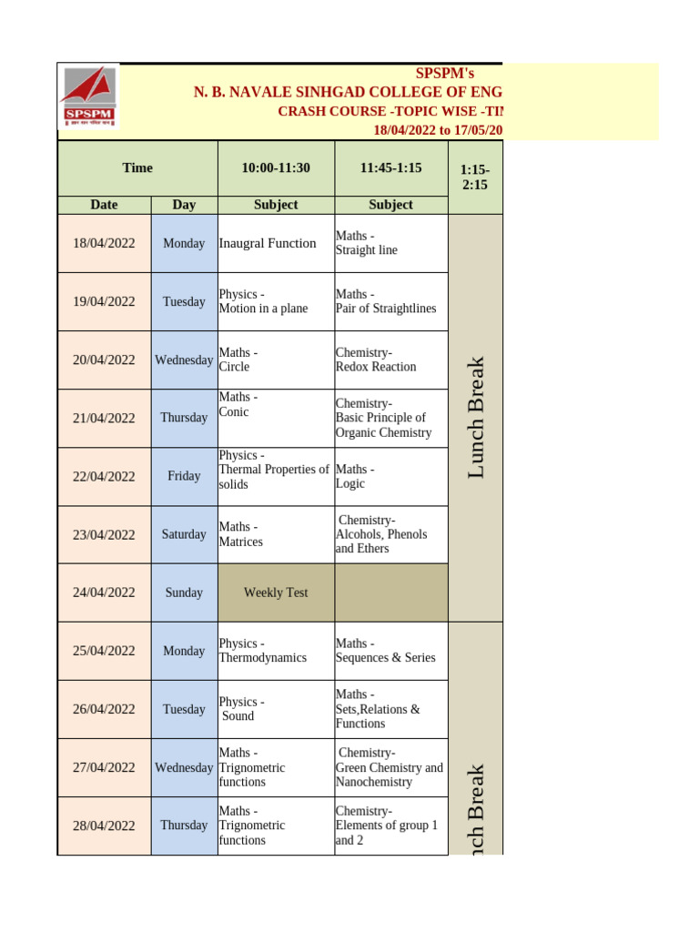 Timetable Crash Course 2022 | PDF | Chemistry | Physics
