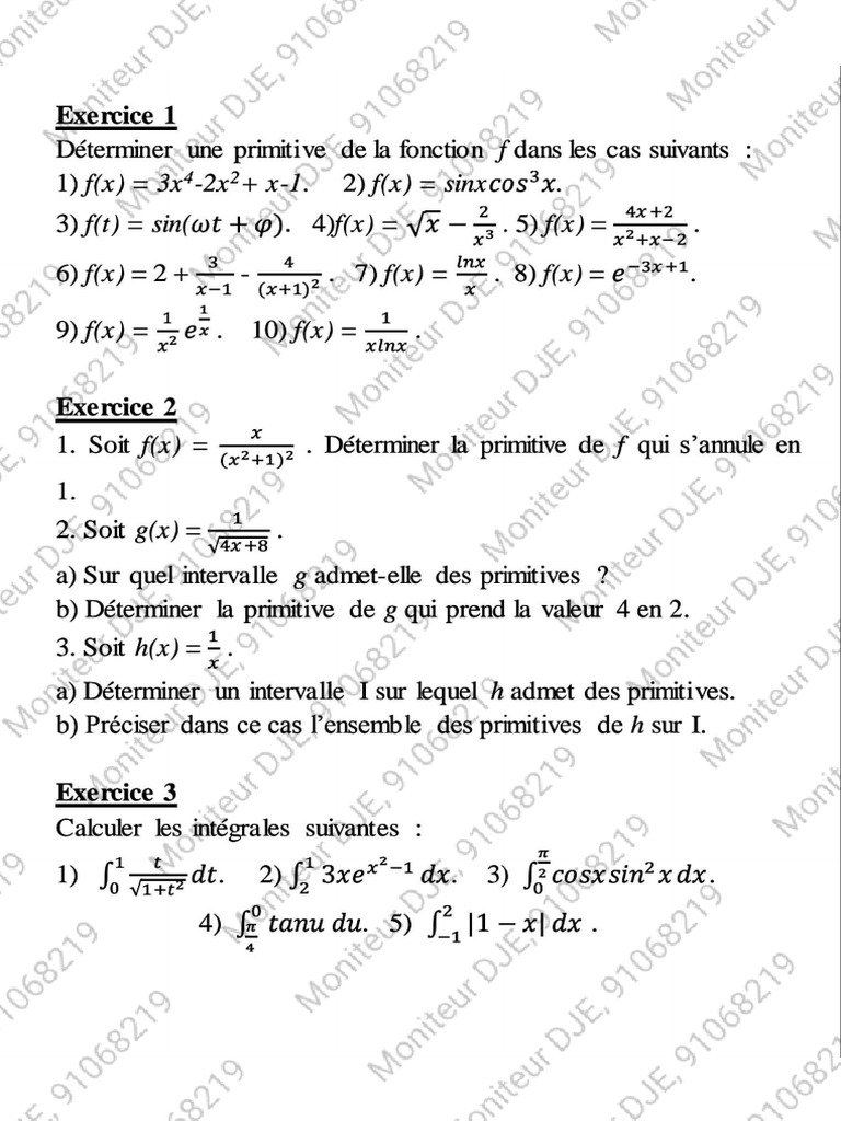 TD Primitives - Intégrale - Equadiff, MR Le Zovuste. | PDF