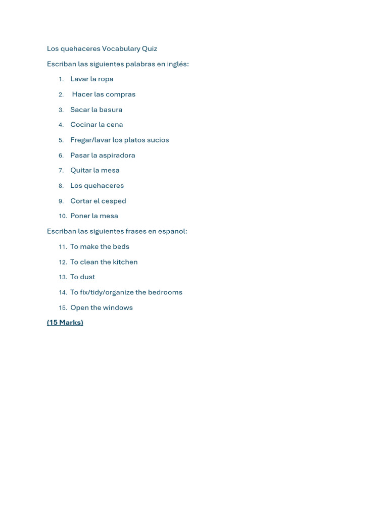 Los Quehaceres - Vocab Test | PDF
