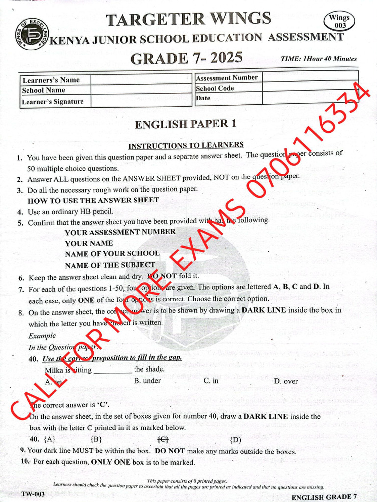 Targeter Wings English Grade 7 Paper 1 | PDF