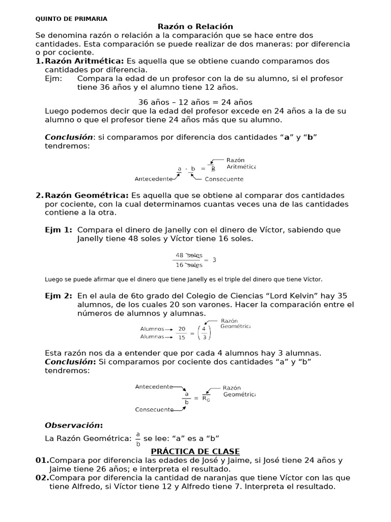 Razón Geométrica para Quinto de Primaria ARITMETICA | PDF | Proporción ...
