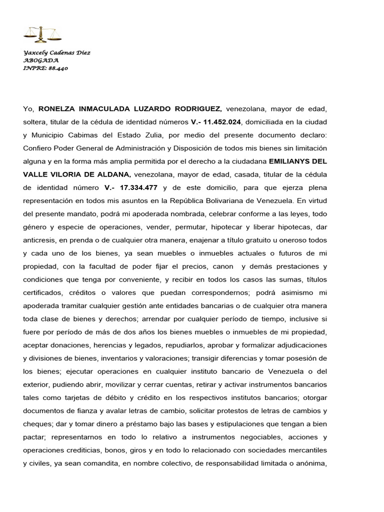 MODELO PODER DE ADMINISTRACION Y DISPOSICION-1.docx Ronelza Luzardo | PDF | Dinero | Sociedad de ...
