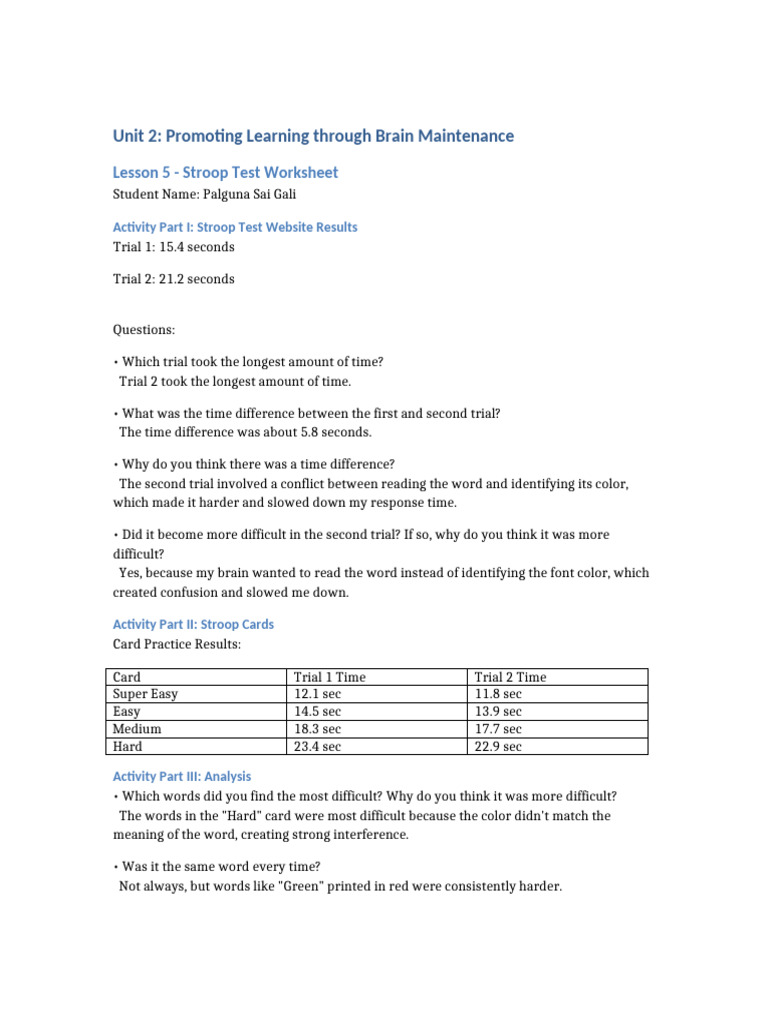 Completed Stroop Test Worksheet | PDF | Cognitive Science | Neuropsychology