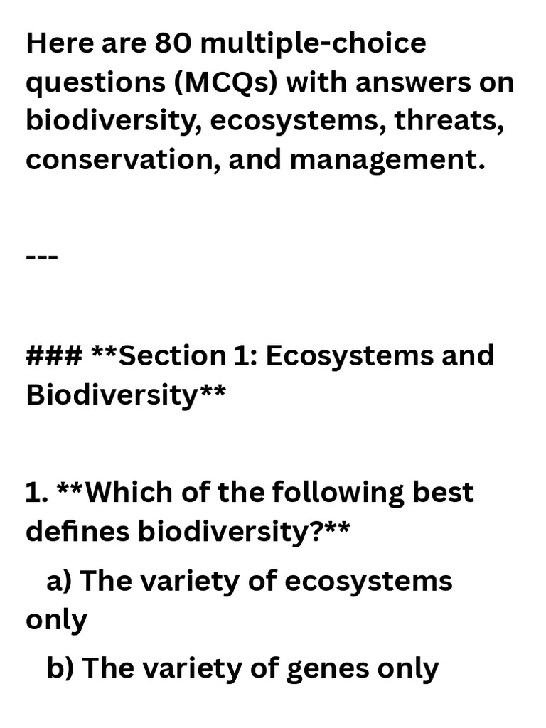 Biodiversity MCQs with Answers | PDF | Biodiversity | Conservation Biology