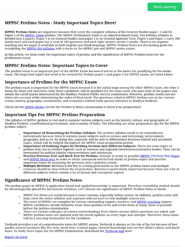 MPPSC Prelims Notes PDF - Study Important Topics in Detail! | PDF