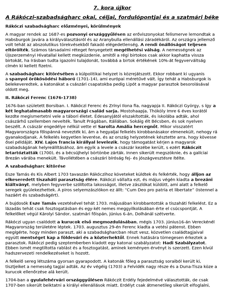 7. kora újkor - A Rákóczi-szabadságharc | PDF