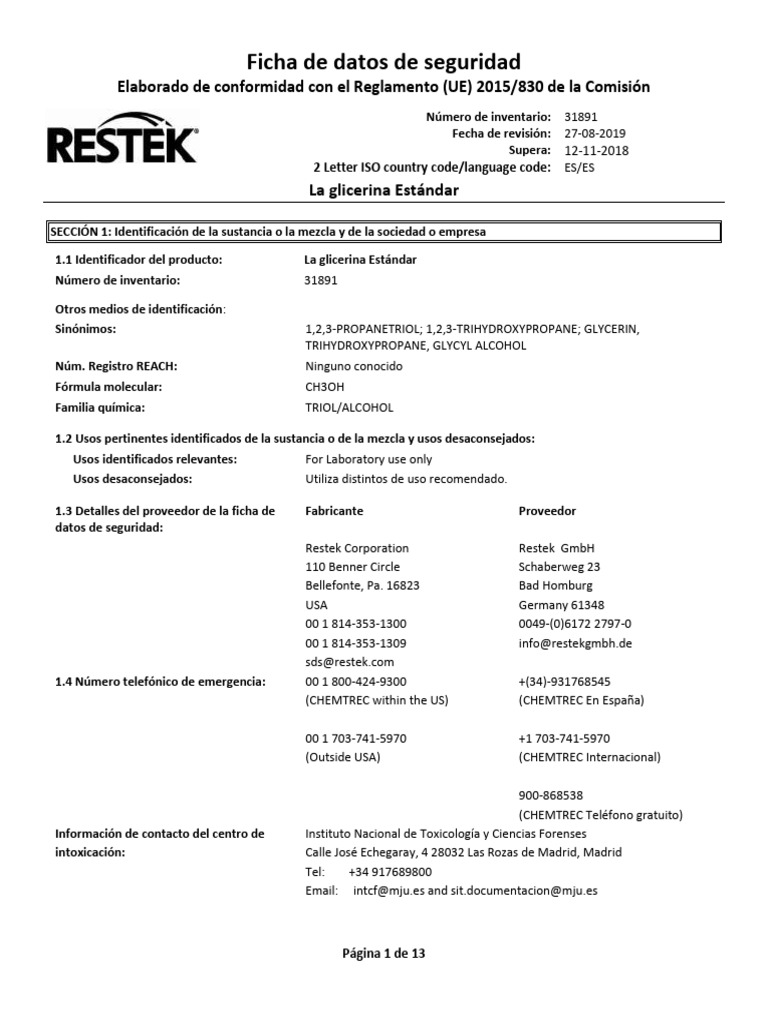 MSDS Glicerina | PDF | Toxicidad | Seguridad y salud ocupacional