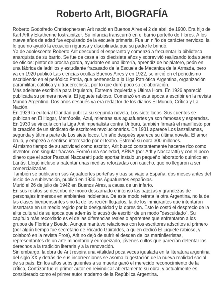 Biografía de Roberto Arlt | PDF