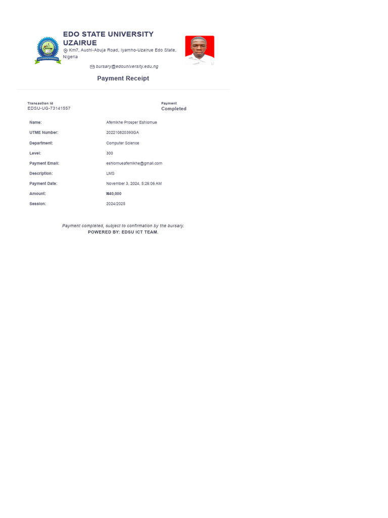 EDSU Computer Science Payment Receipt | PDF