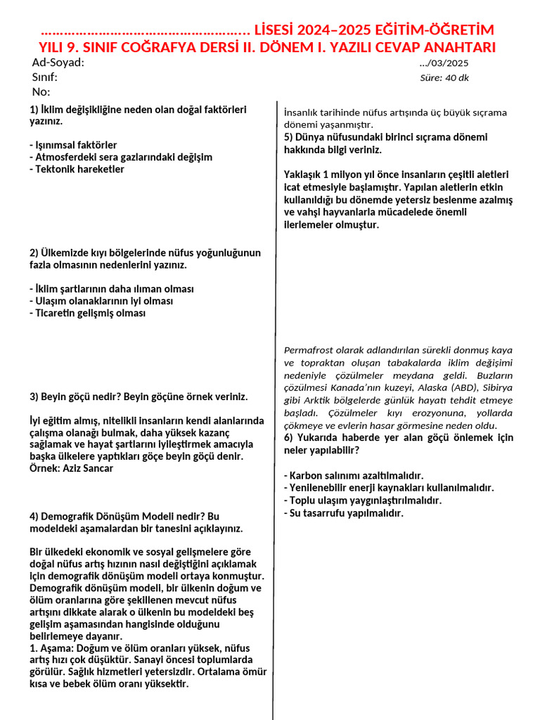 Cografya 9 Sinif 2 Donem 1 Yazili Cevap Anahtari 2024 2025 | PDF