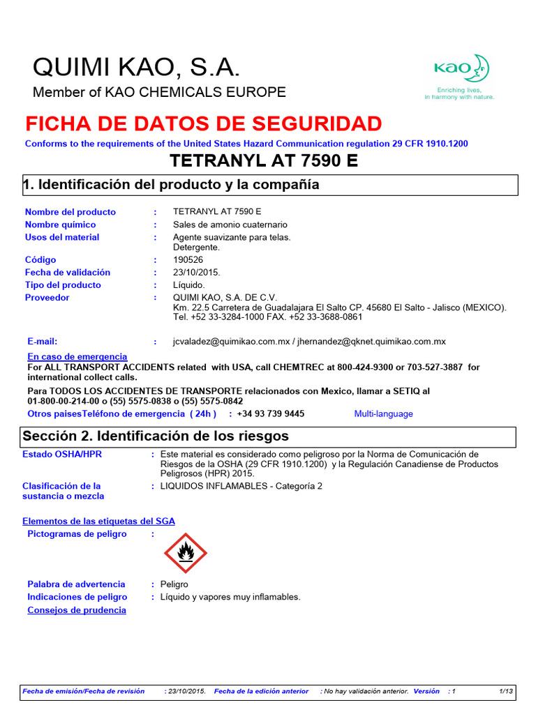 Ficha de Seguridad: Tetranyl AT 7590 | PDF | Residuos | Agua