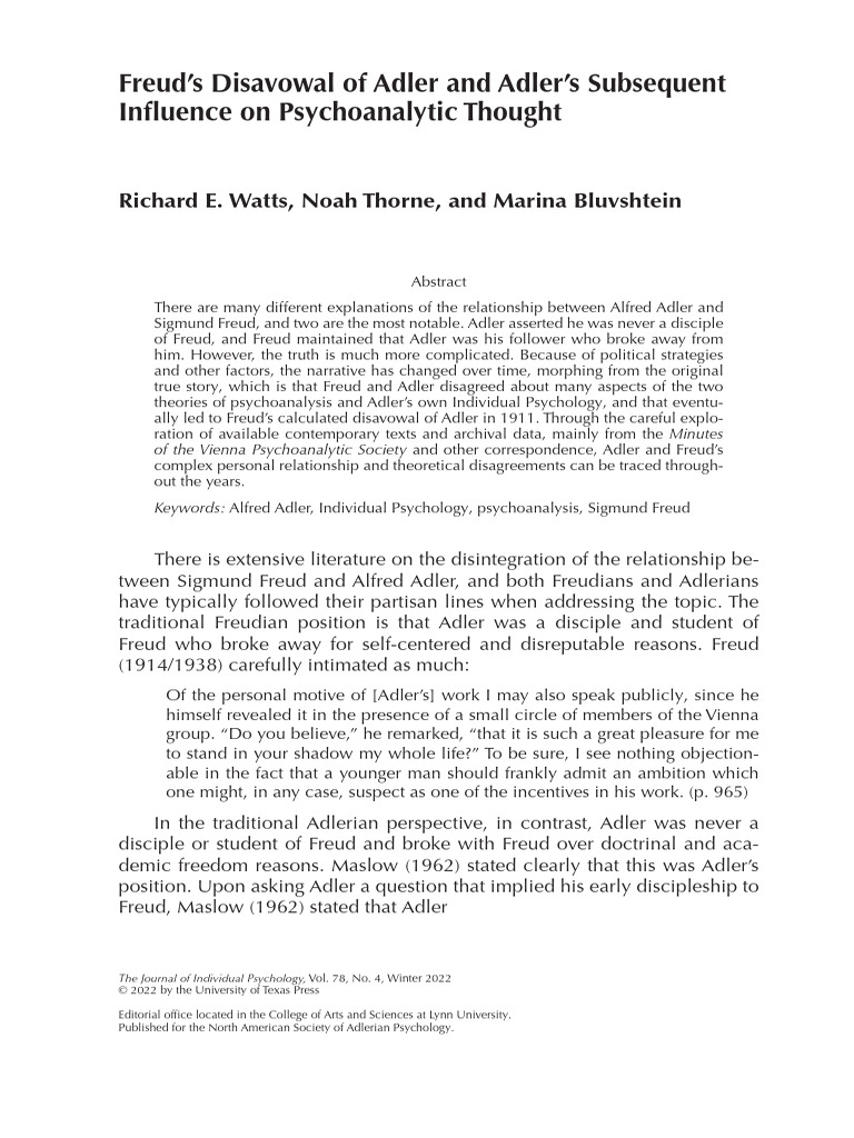 Freud's Disavowal of Adler's Influence | PDF | Sigmund Freud ...