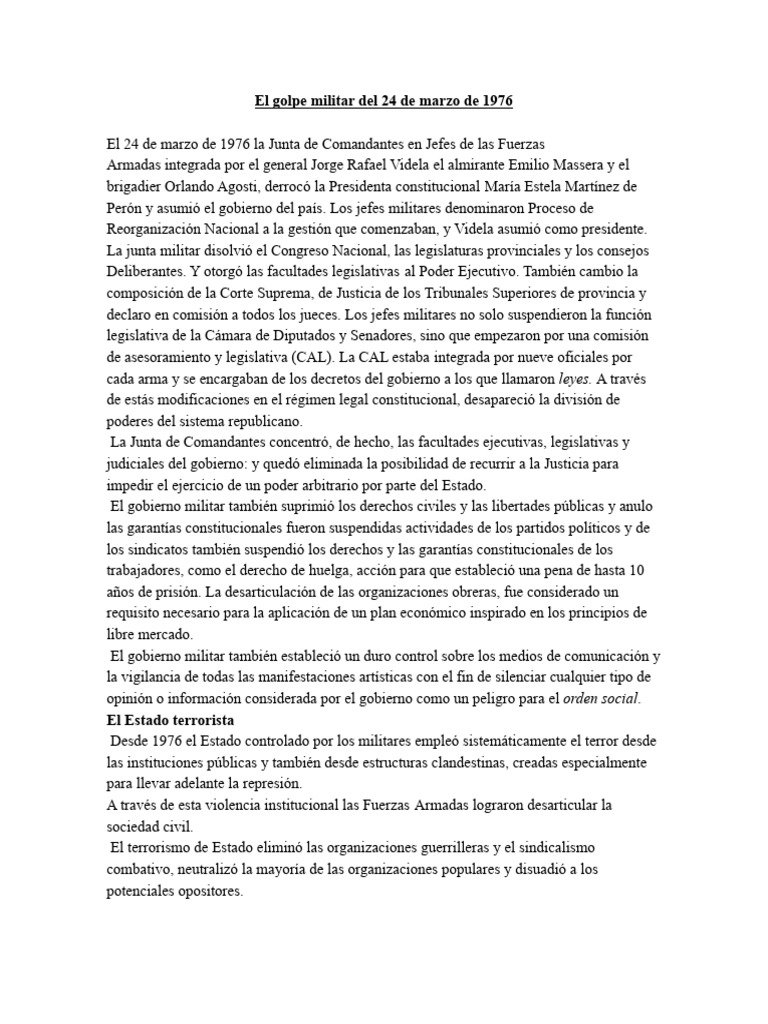 Golpe Militar en Argentina 1976: Terrorismo de Estado | PDF | Gobierno