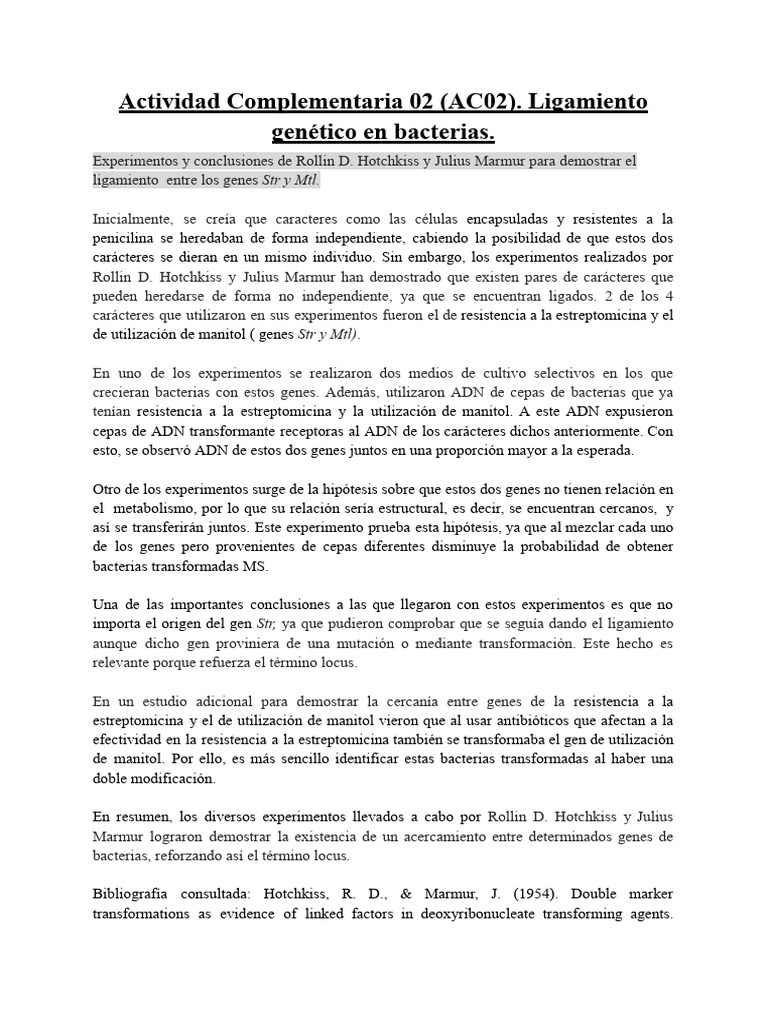 Actividad Complementaria 02 (AC02) - Ligamiento Genético en Bacterias. | PDF | Gene | Las bacterias
