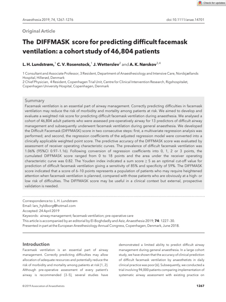 Anaesthesia - 2019 - Lundstrøm - The DIFFMASK Score For Predicting Difficult Facemask ...