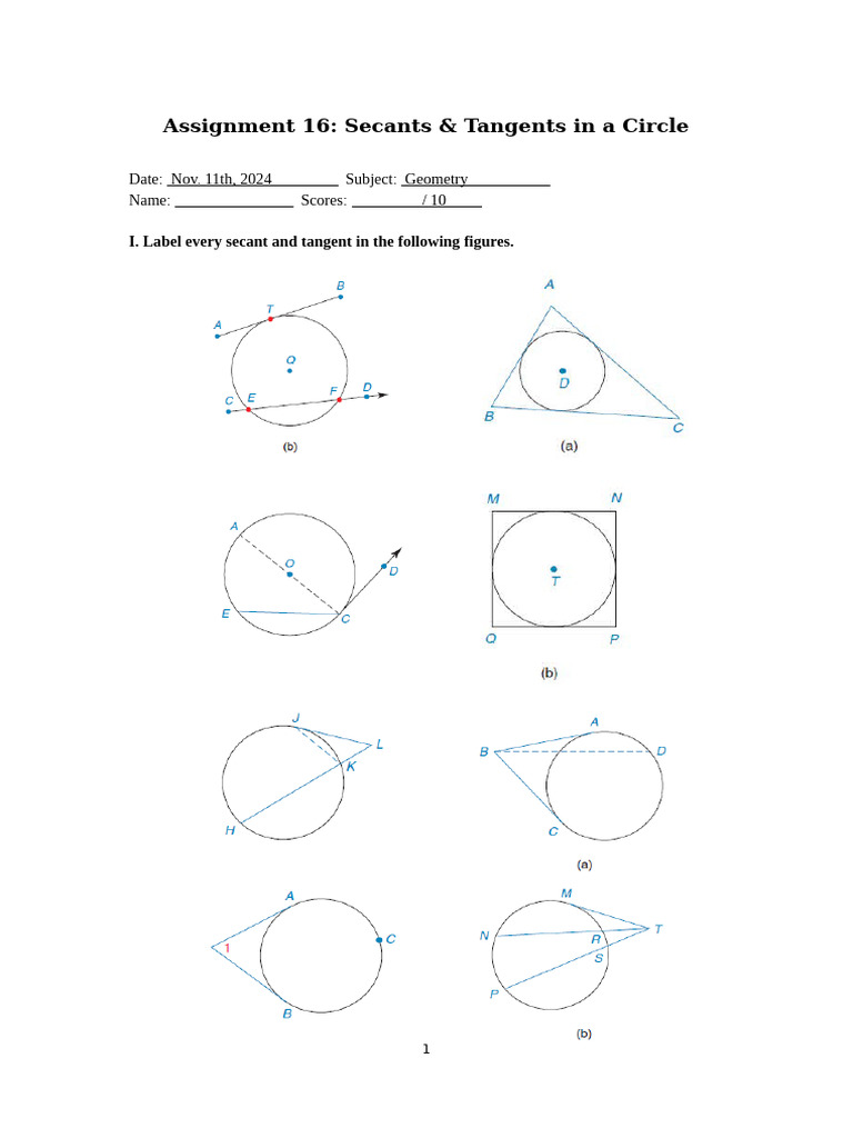 Assignment 16 - Secants & Tangents in a Circle | PDF
