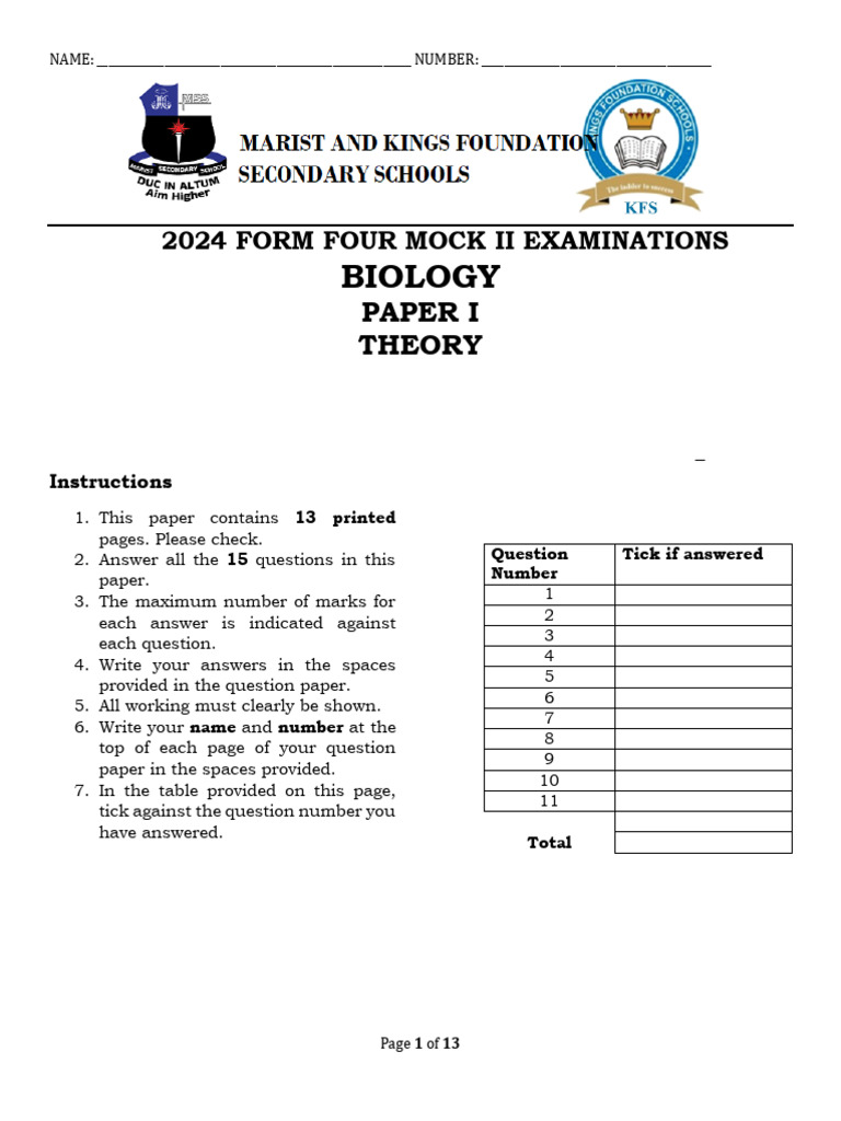 form_four_Biology_paper_I | PDF | Food Web | Fetus