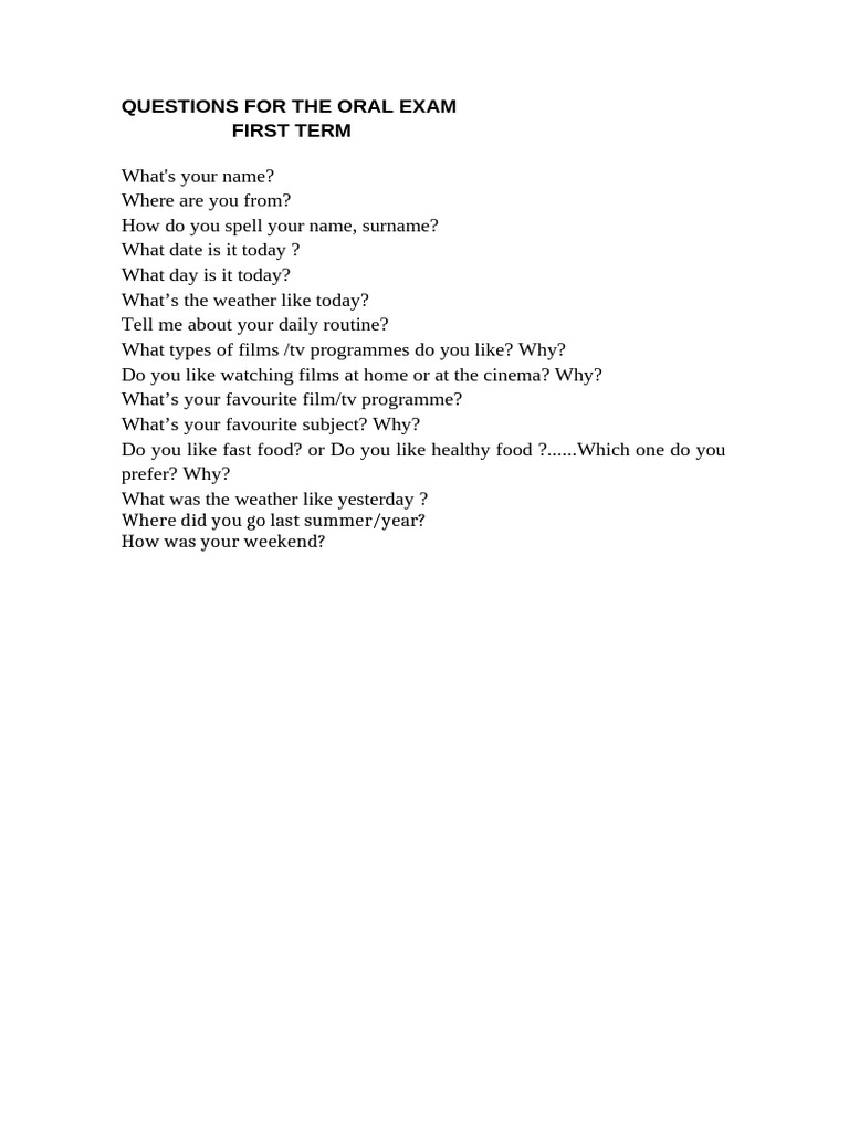 Oral Exam Questions for First Term | PDF
