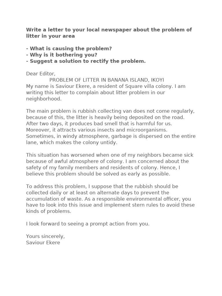 Write A Letter To The Environment Officer in Your Area Complaining ...